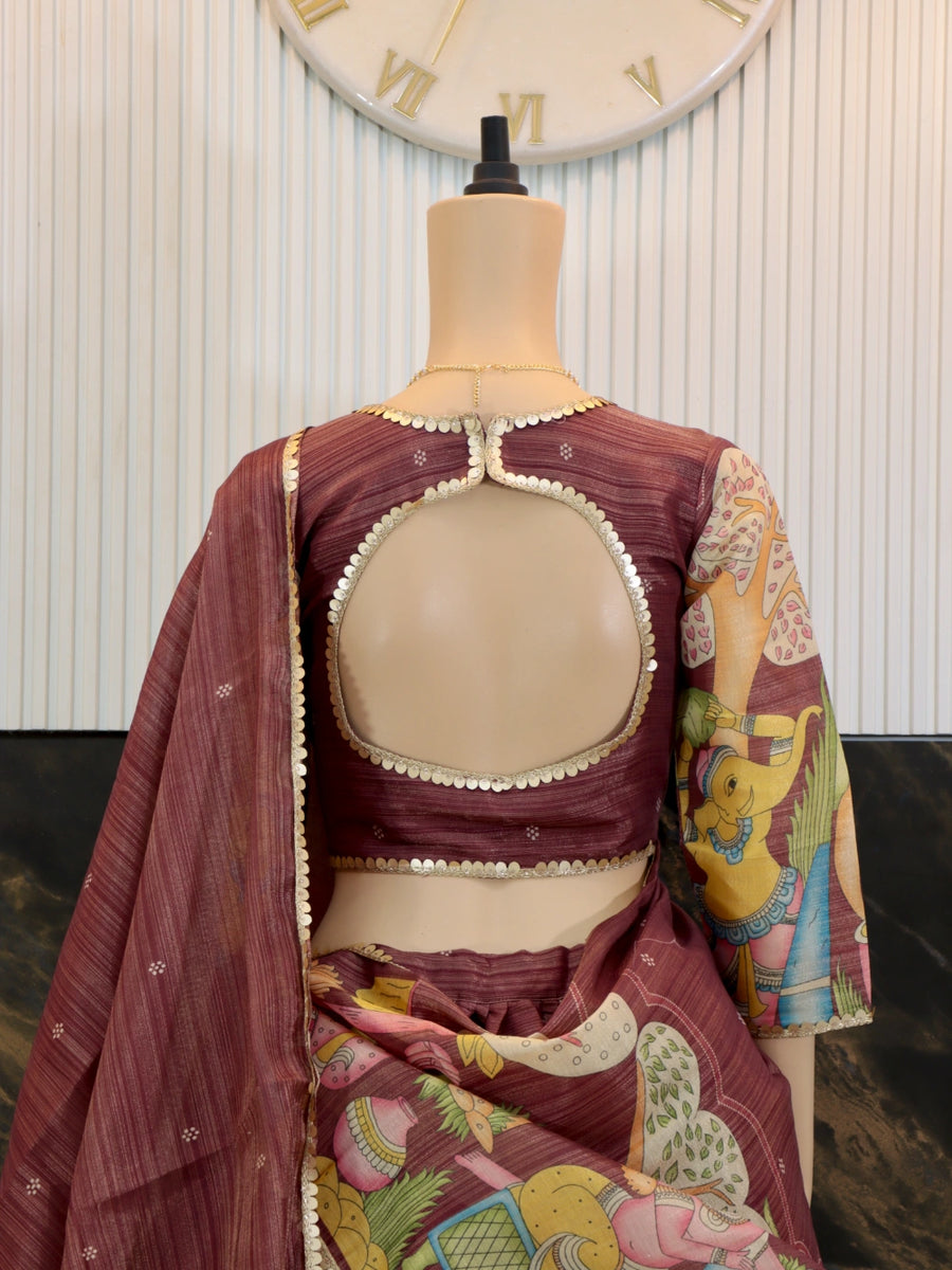 Kalamkari Tissue Jari Lehenga Choli with Embroidery Work and Dupatta ...